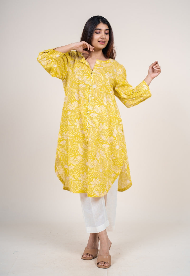 Akira Bright Yellow Printed Mul Straight Kurta – THE INDIAN ETHNIC CO.